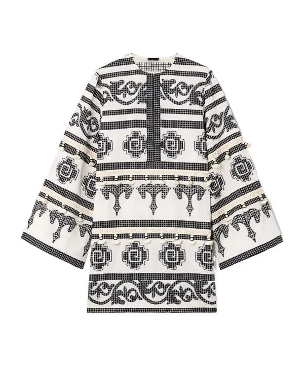 Johanna Ortiz Quetzalcóatl Temple Tasseled Embroidered Cotton Coverup - White