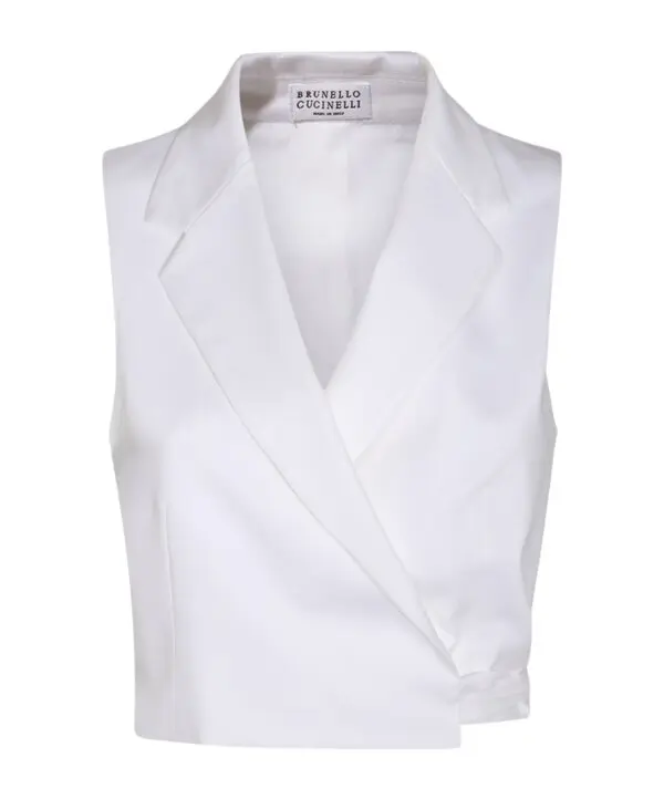Brunello Cucinelli Sleeveless Cropped Blouse With Notched Lapel