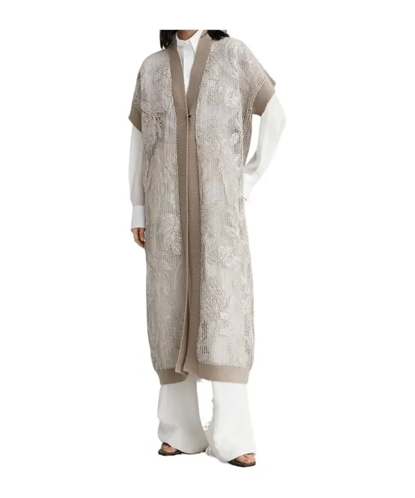 Brunello Cucinelli Embroidered Mesh Long Cardigan