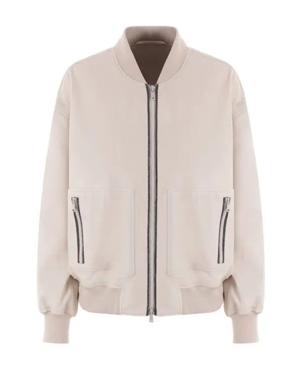 Brunello Cucinelli Leather Bomber Jacket With Beaded Trim - Nude