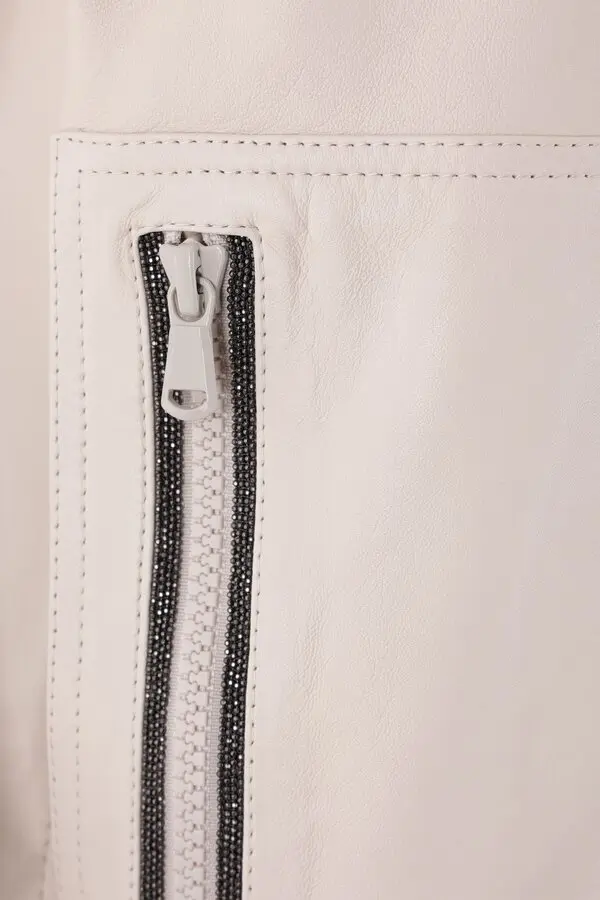 Brunello Cucinelli Leather Bomber Jacket With Beaded Trim