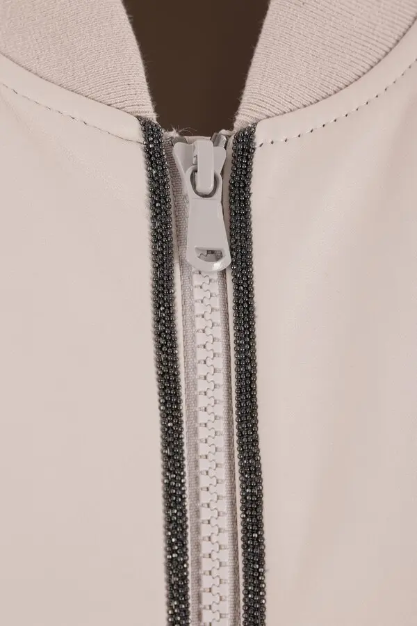 Brunello Cucinelli Leather Bomber Jacket With Beaded Trim