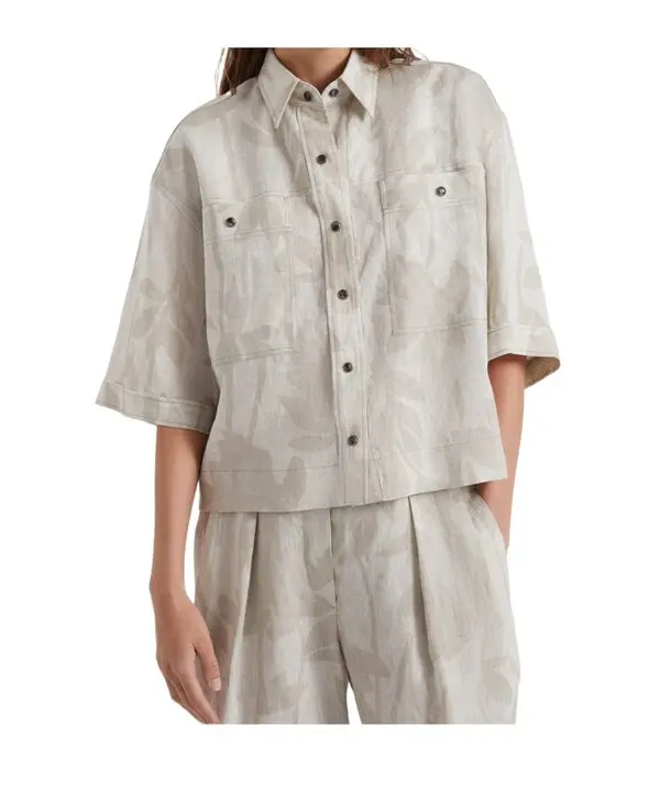 Brunello Cucinelli Leaf Print Short Sleeve Shirt - Natural Color