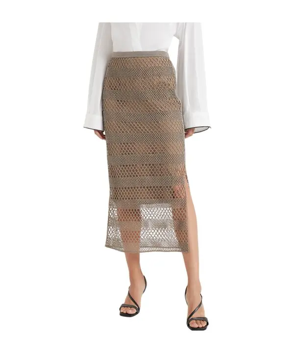 Brunello Cucinelli High-waist Silk Skirt With Mesh Stitching