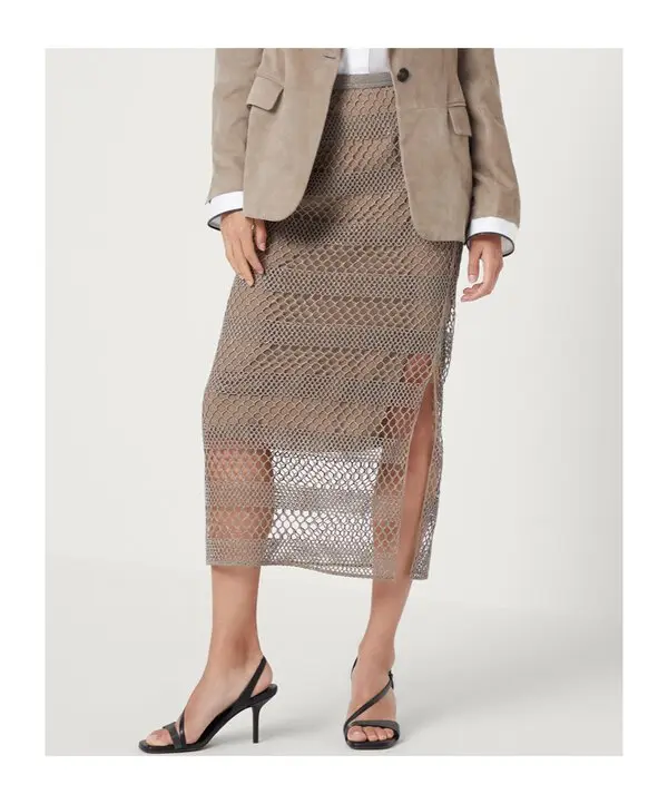 Brunello Cucinelli High-waist Silk Skirt With Mesh Stitching