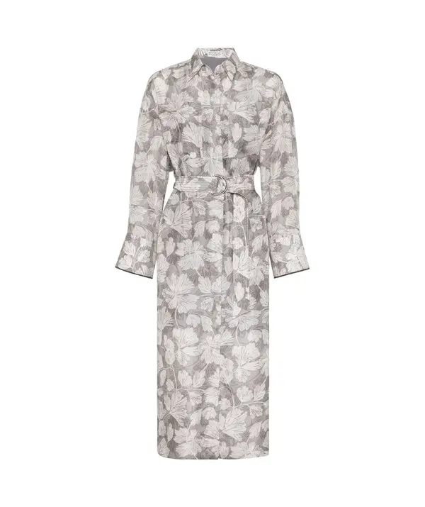 Brunello Cucinelli Floral Printed Belted Midi Dress - Grey