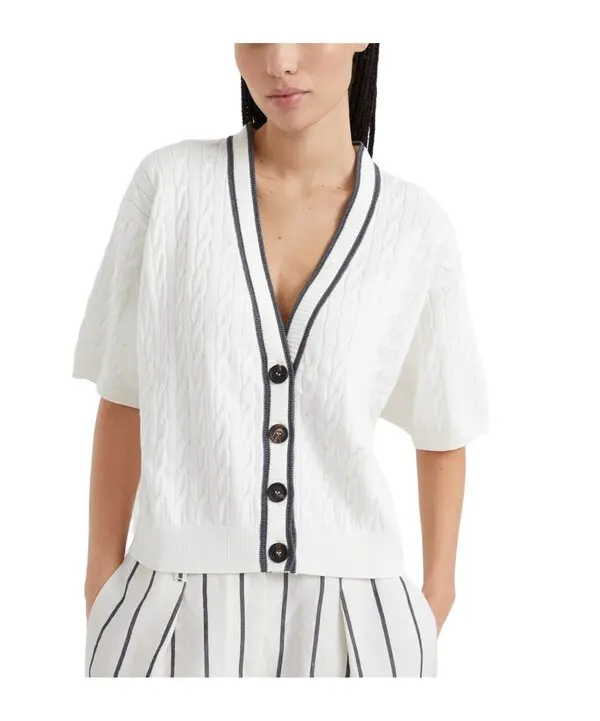 Brunello Cucinelli Cable Knit Cotton Cardigan With Contrast Trim