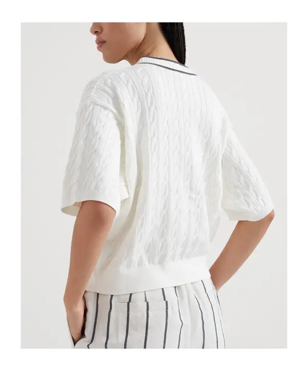 Brunello Cucinelli Cable Knit Cotton Cardigan With Contrast Trim