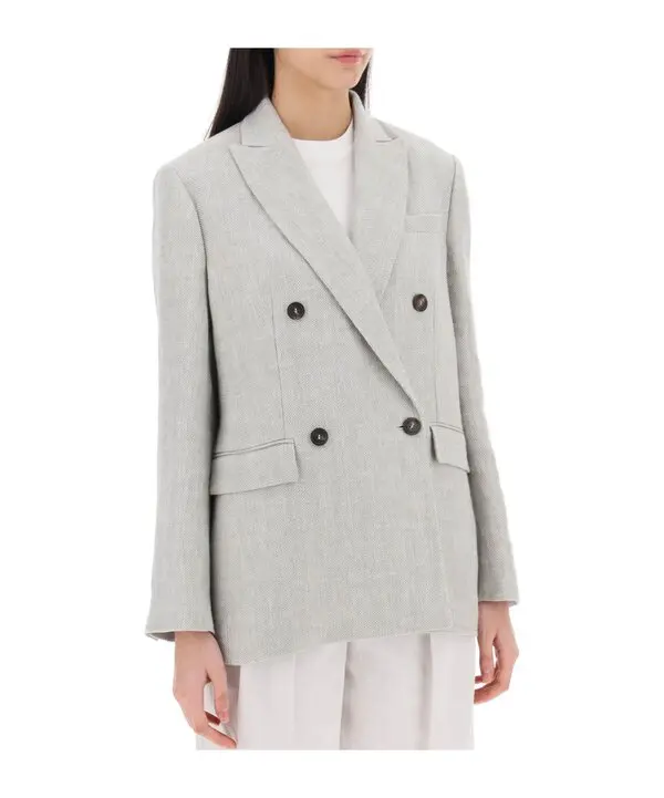 Brunello Cucinelli Herringbone Linen Double-breasted Blazer