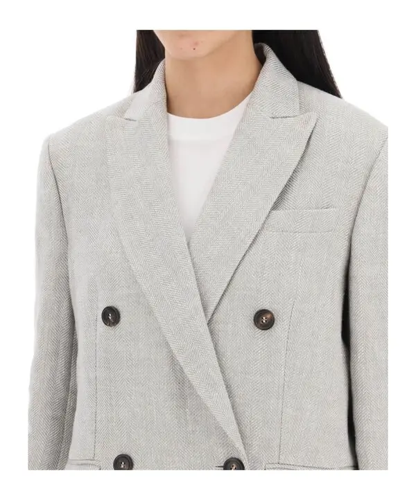 Brunello Cucinelli Herringbone Linen Double-breasted Blazer