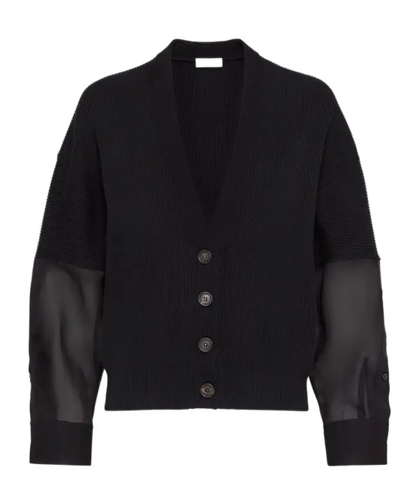 Brunello Cucinelli V-neck Ribbed Knit Cardigan With Sheer Sleeves
