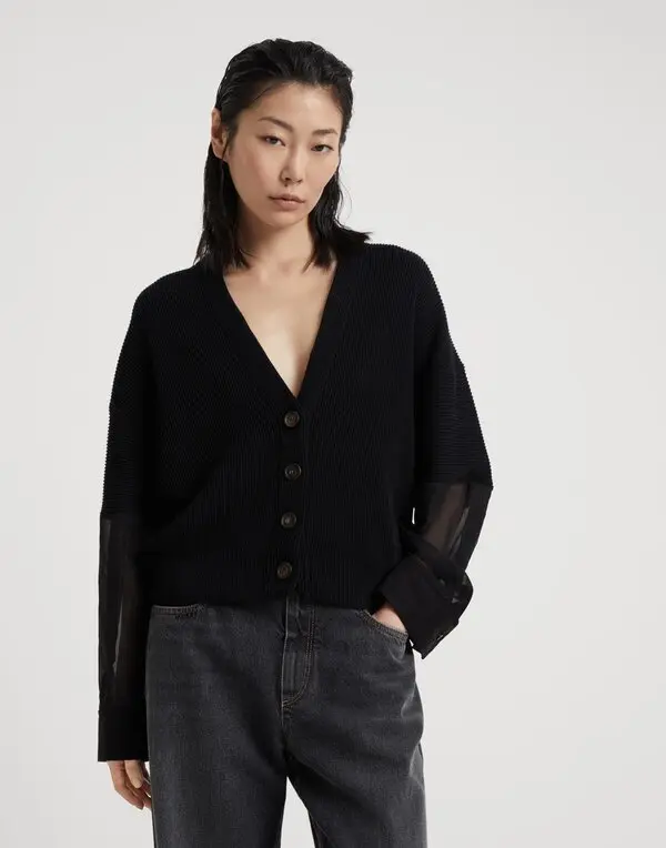 Brunello Cucinelli V-neck Ribbed Knit Cardigan With Sheer Sleeves