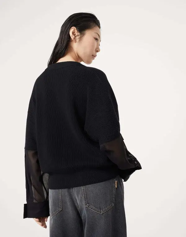 Brunello Cucinelli V-neck Ribbed Knit Cardigan With Sheer Sleeves