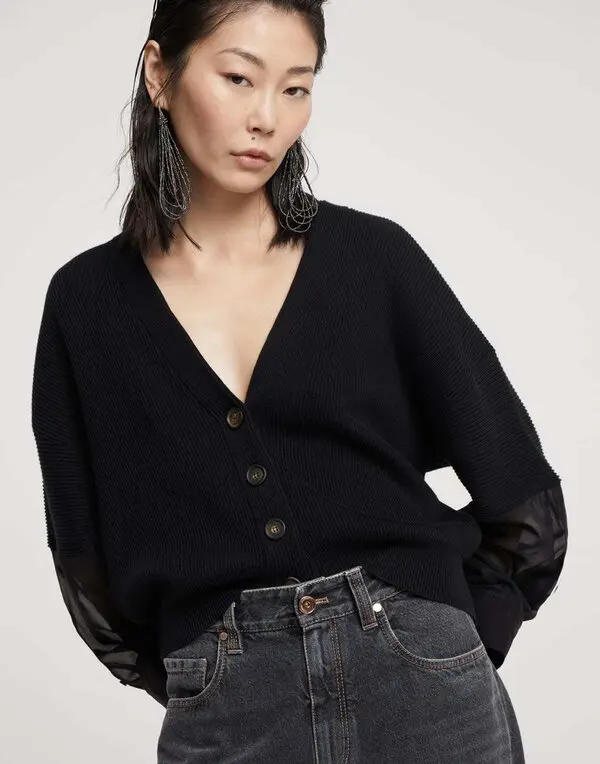 Brunello Cucinelli V-neck Ribbed Knit Cardigan With Sheer Sleeves