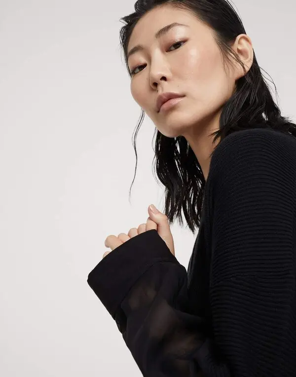 Brunello Cucinelli V-neck Ribbed Knit Cardigan With Sheer Sleeves