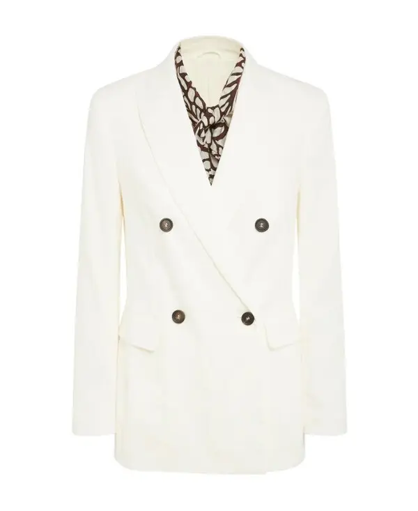 Brunello Cucinelli Double-breasted Woven Blazer With Scarf Detail
