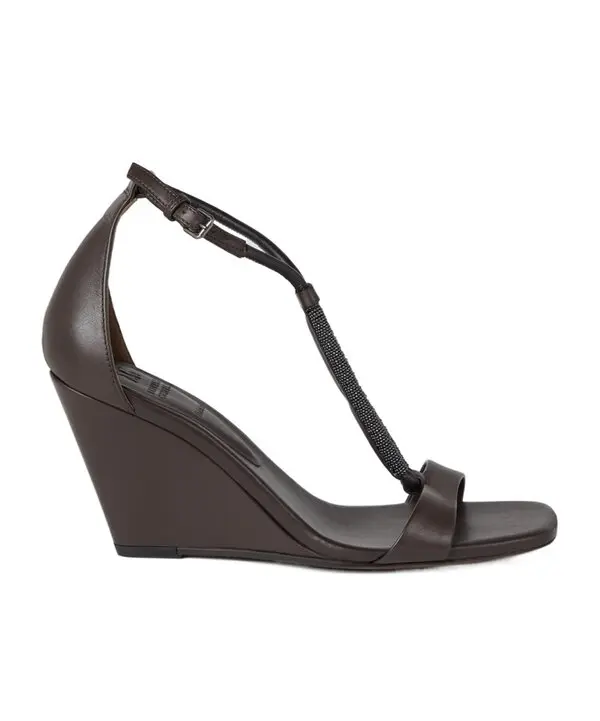 Brunello Cucinelli Wedge-heel Leather Sandals With Monili Chain Detailing