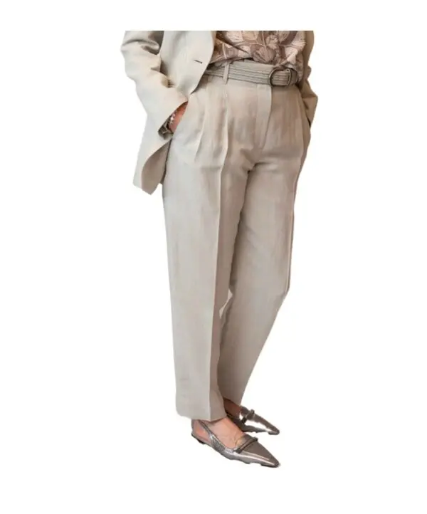 Brunello Cucinelli Pleated Flax Trousers With Beaded Detail