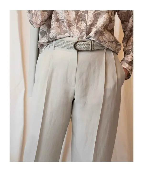 Brunello Cucinelli Pleated Flax Trousers With Beaded Detail