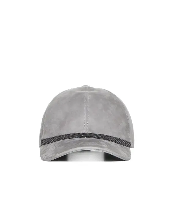 Brunello Cucinelli Suede Cap With Metallic Trim - Gray