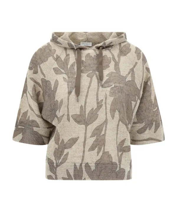 Brunello Cucinelli Floral-jacquard Hooded Knitted Top