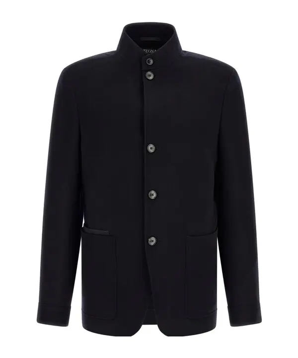 Zegna High-neck Button-front Jacket With Leather Detail