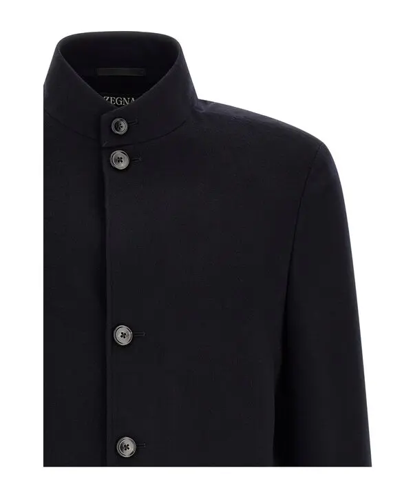 Zegna High-neck Button-front Jacket With Leather Detail