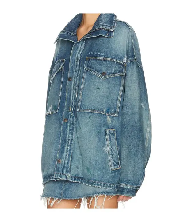 Balenciaga Distressed Paint Splatter Long-sleeved Denim Jacket