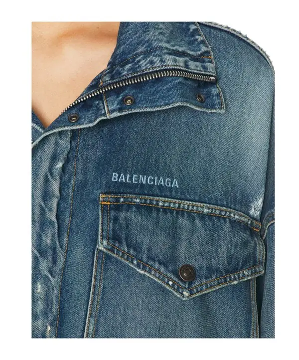 Balenciaga Distressed Paint Splatter Long-sleeved Denim Jacket