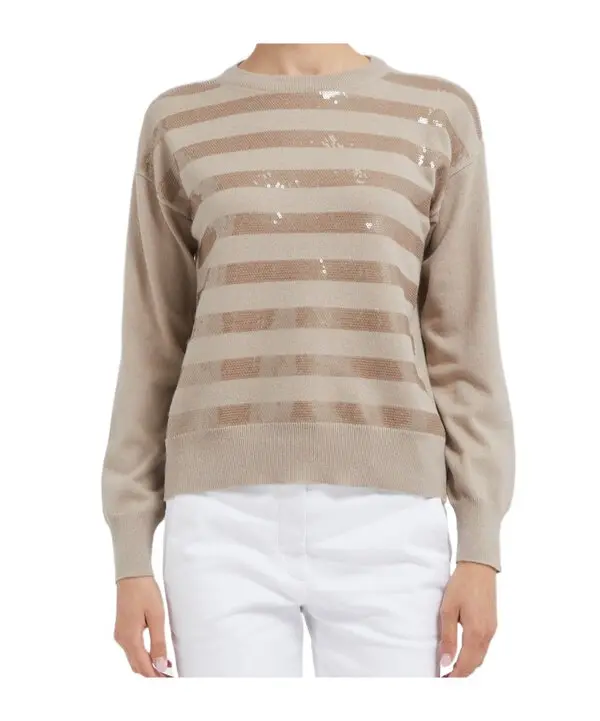 Brunello Cucinelli Long-sleeve Knit Top With Sequin Stripes
