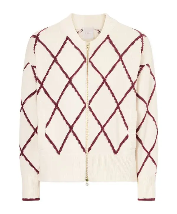 Varley Cream Argyle Knit Bomber Jacket - No