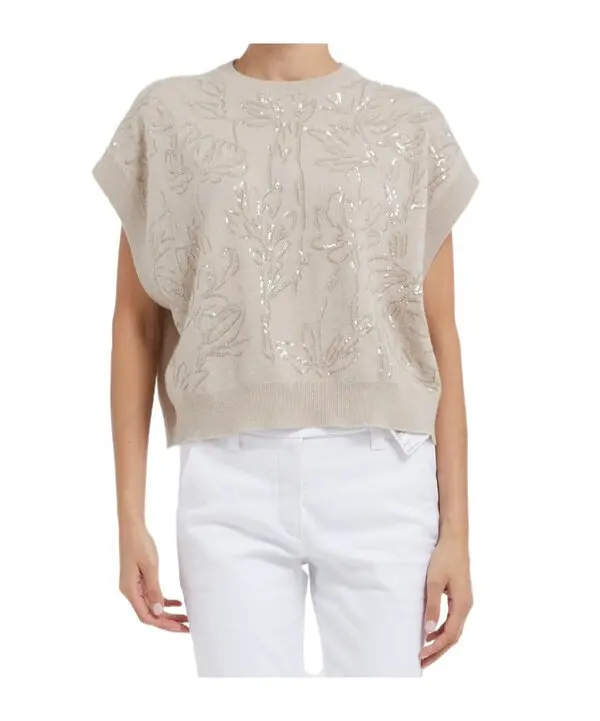 Brunello Cucinelli Sequin Pattern Crew Neck Knit Top