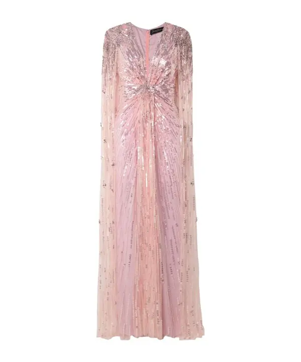Jenny Packham Embellished Cape Effect Silk Maxi Dress - No