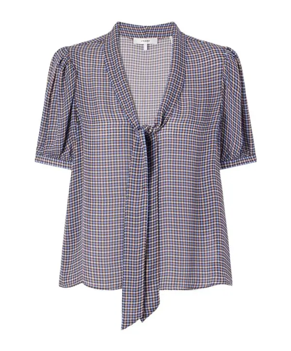 FRAME Plaid Puff Sleeve Tie Neck Blouse