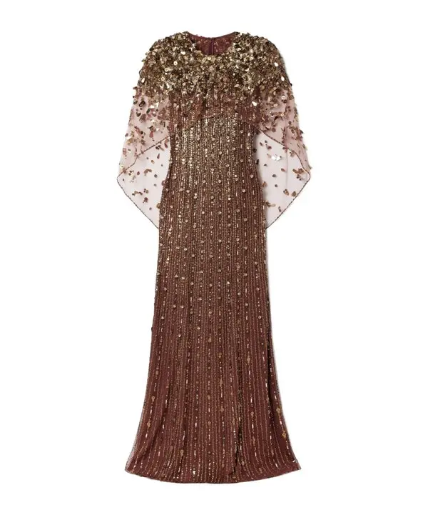 Jenny Packham Embellished Sequined Tulle Gown - Brown
