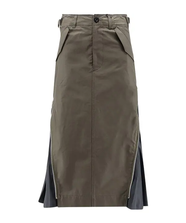 Sacai Pleated-panel Zip-detail Midi Skirt - Khakinavy
