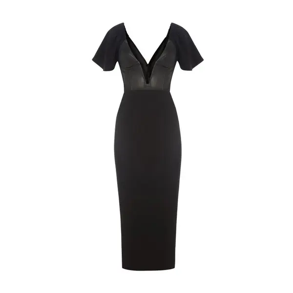 THE GT ATELIER Fitted Faux Leather Corset Midi Dress - Black