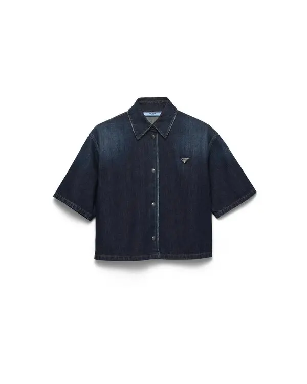 Prada Short-sleeved Denim Shirt With Triangle Logo