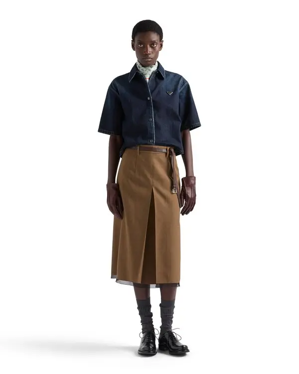 Prada Short-sleeved Denim Shirt With Triangle Logo