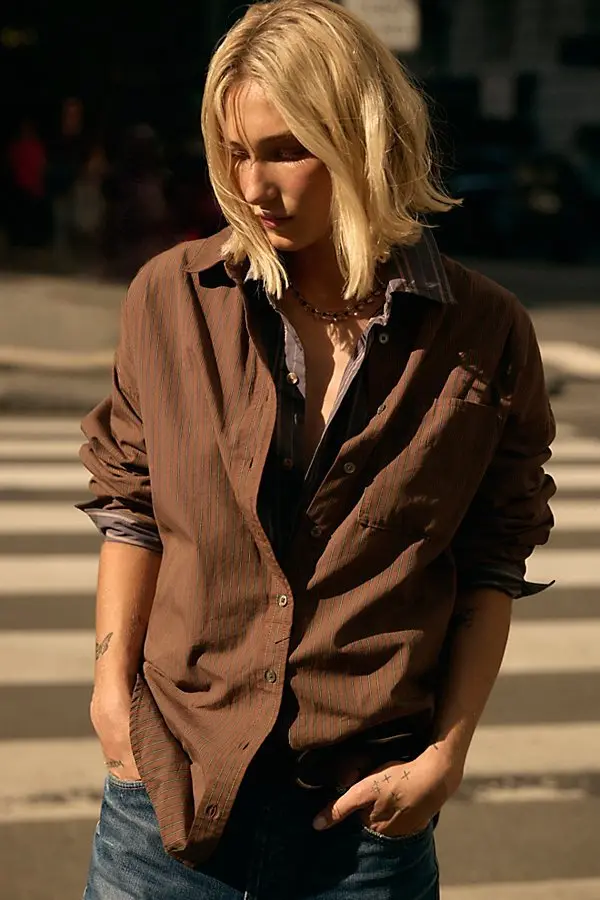 Free People We The Free Lexi Striped Button Down Shirt - Chocolate Combo