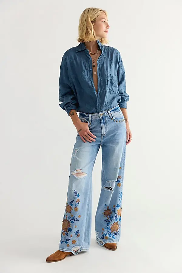 DRIFTWOOD Marlena Embroidered Wide-leg Jeans - Midnight Meadow