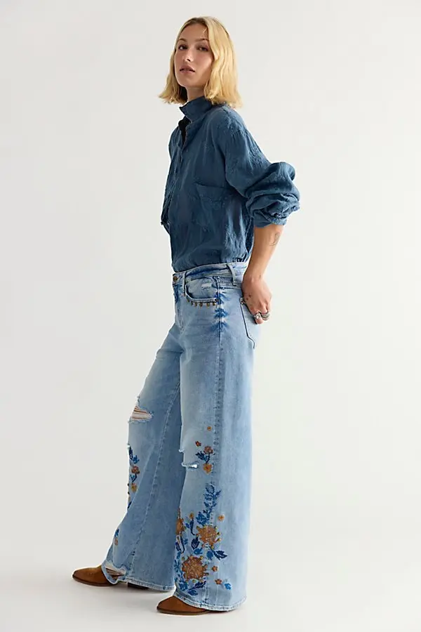 DRIFTWOOD Marlena Embellished Wide Leg Jeans - Midnight Meadow