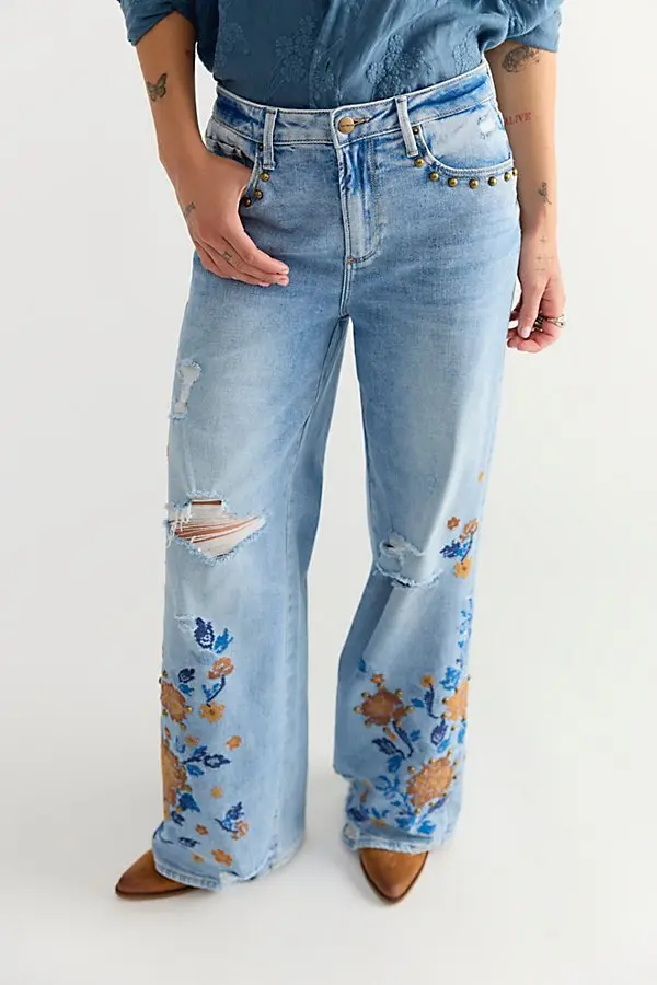 DRIFTWOOD Marlena Embellished Wide Leg Jeans - Midnight Meadow