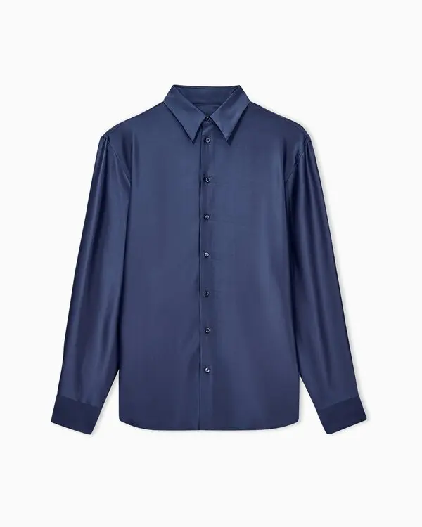 Giorgio Armani Shirt Regular Fit In Yarn-dyed Viscose And Silk Poplin - Blue