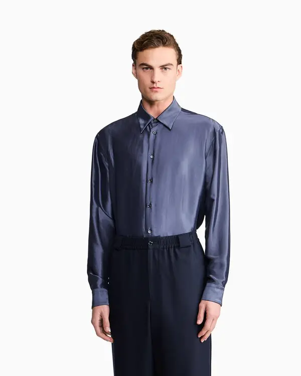 Giorgio Armani Shirt Regular Fit In Yarn-dyed Viscose And Silk Poplin - Blue