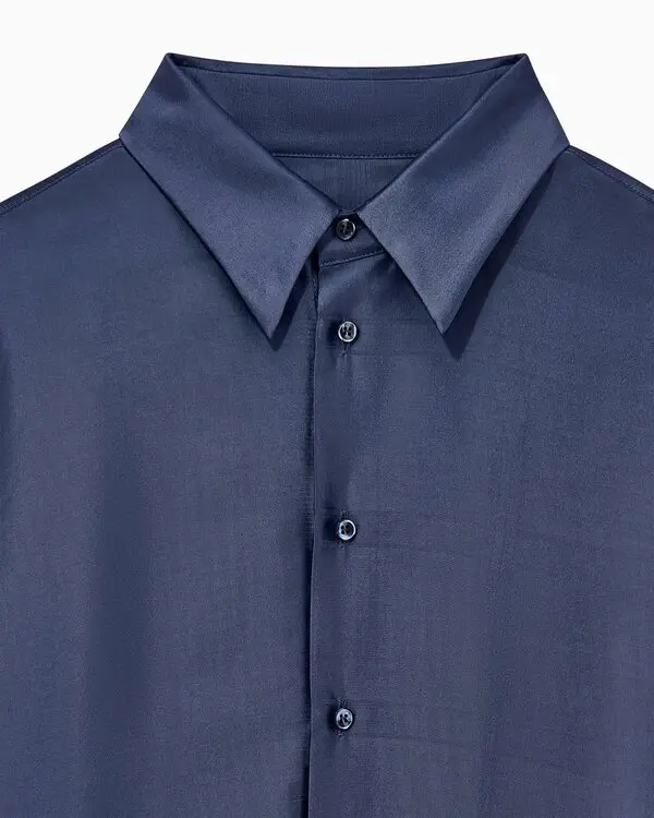 Giorgio Armani Shirt Regular Fit In Yarn-dyed Viscose And Silk Poplin - Blue