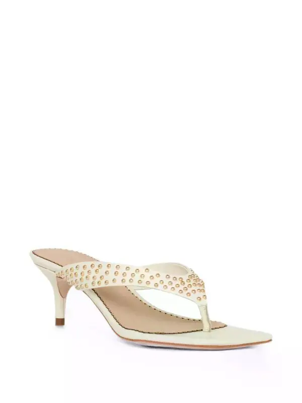 Cinq À Sept Ivory Leather Studded Thong Kitten Heel Sandals