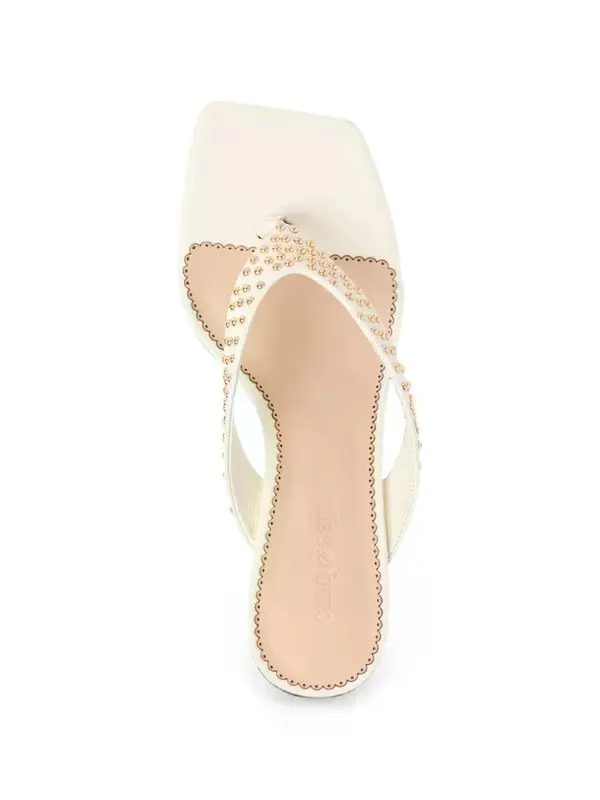 Cinq À Sept Ivory Leather Studded Thong Kitten Heel Sandals