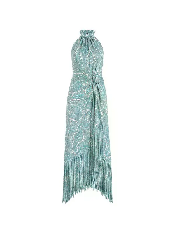 Cinq À Sept Teresa Paisley Print Halter Neck Midi Dress With Fringe Trim - Blue