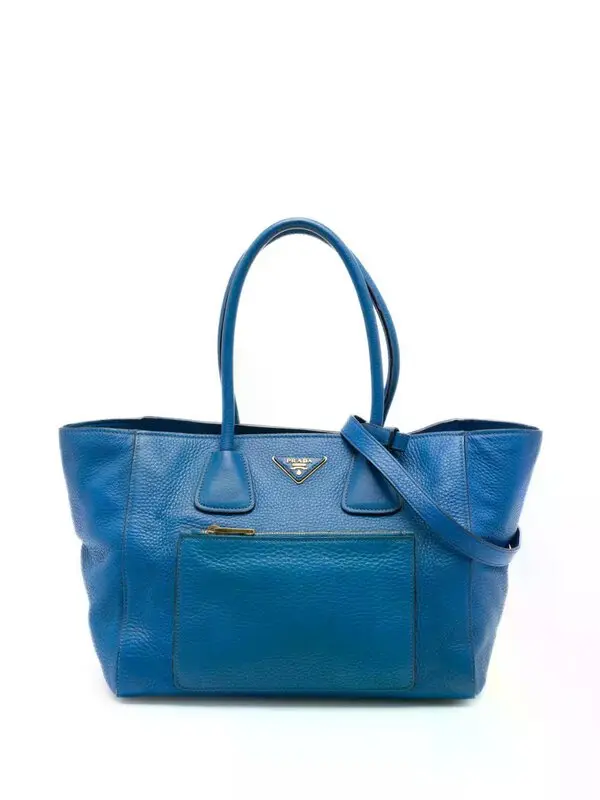 Prada 2000-2013 Vitello Daino Front Pocket Open Convertible Tote Satchel - Blue